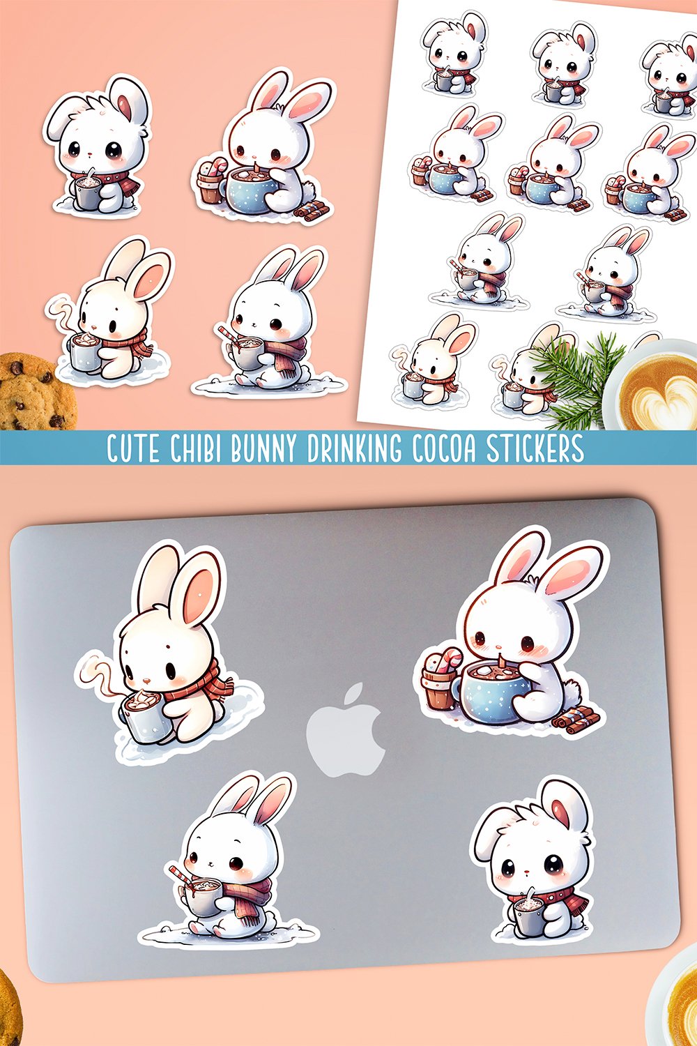 Cute bunny drinking hot cocoa stickers. PNG.