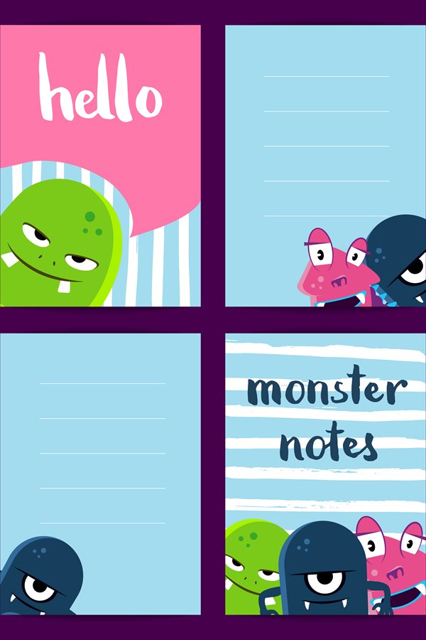 Vector vertical note cards set with cute monsters on brush s