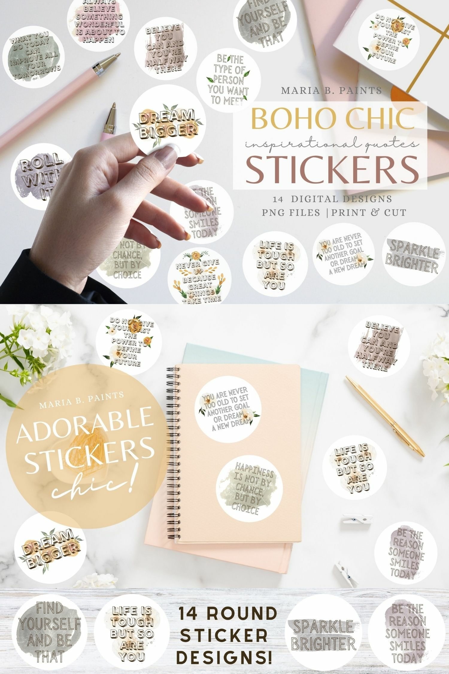 Printable Inspirational Quotes Stickers PNG Watercolor Chic