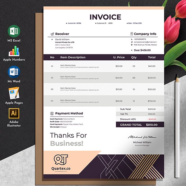 Modern Auto Calculation Invoice Template Excel (465000)