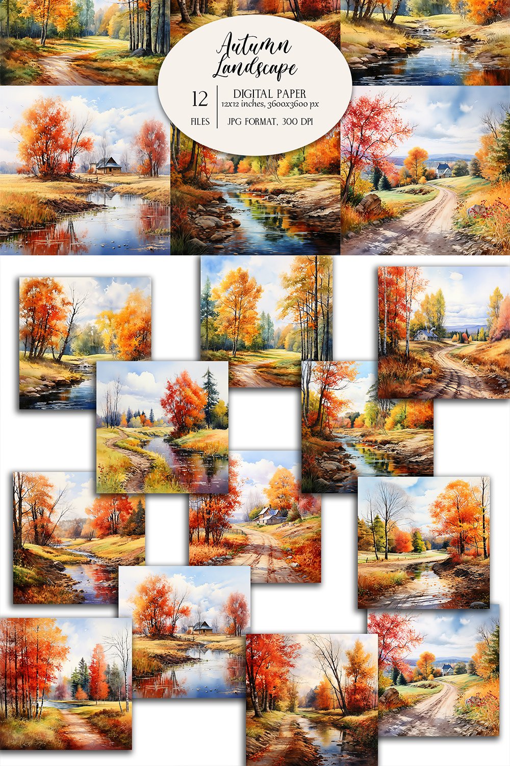 Watercolor Autumn Landscape Digital Paper