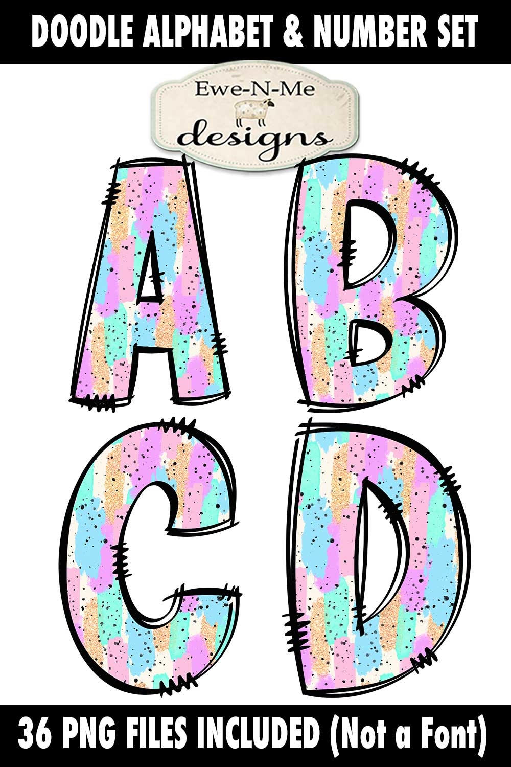 Pastel Brush Stroke Doodle Alphabet Numbers | PNG Files