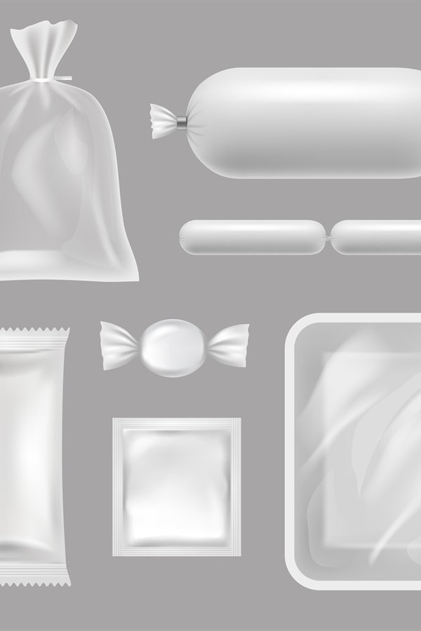 Empty food packages. Vector realistic pictures of polyethyle