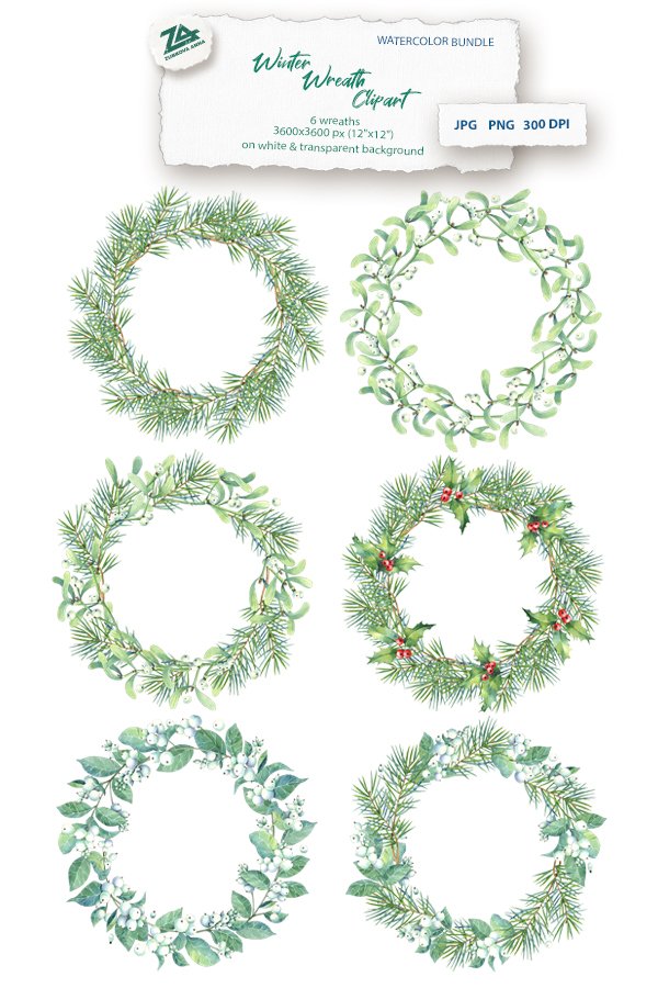 Winter Watercolor Wreath Clipart Bundle - JPG, PNG (1682329)