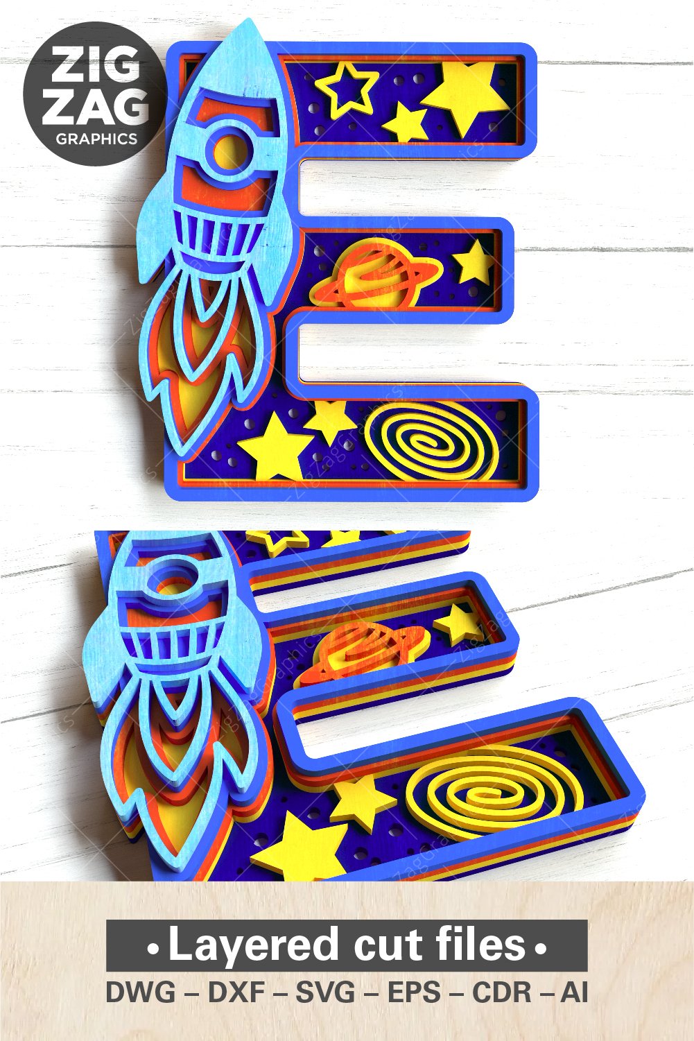 layered kids letter E with space rocket astronaut and stars