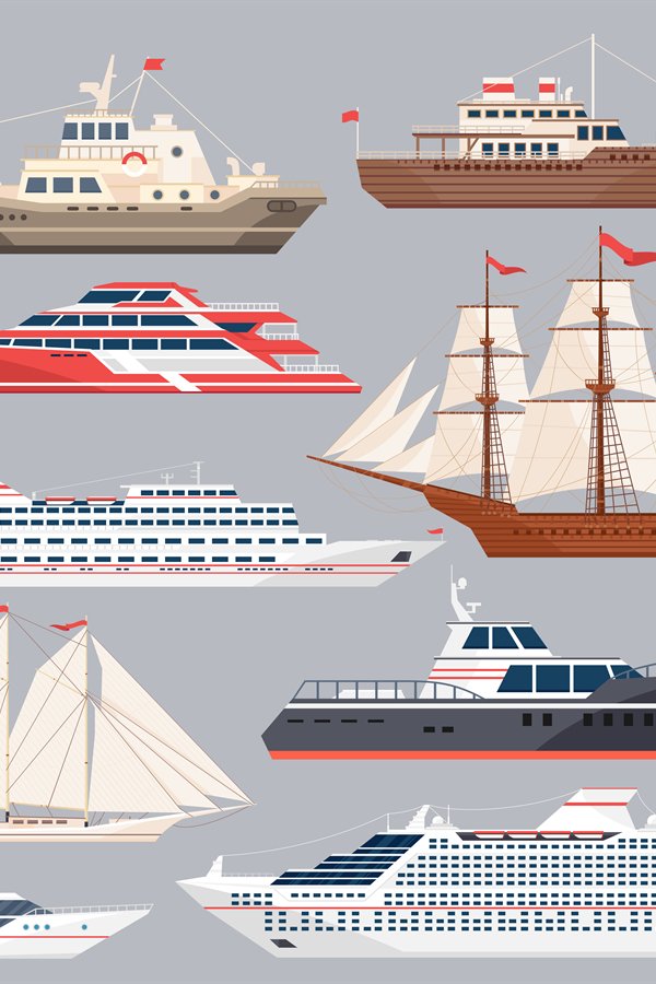 Set of different vessels. Sea boats and other big ships. Vec