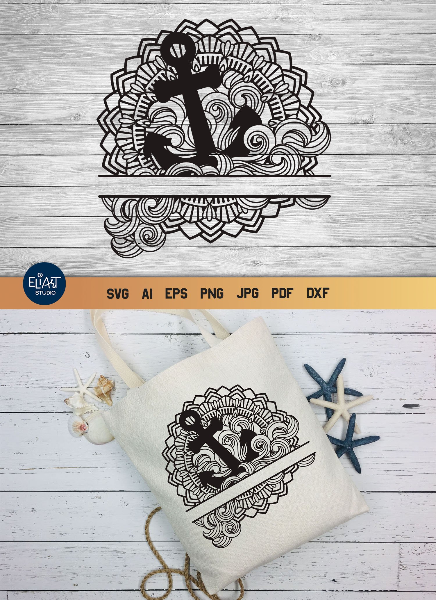 Anchor SVG Mandala | Nautical SVG Split Monogram | Navy SVG