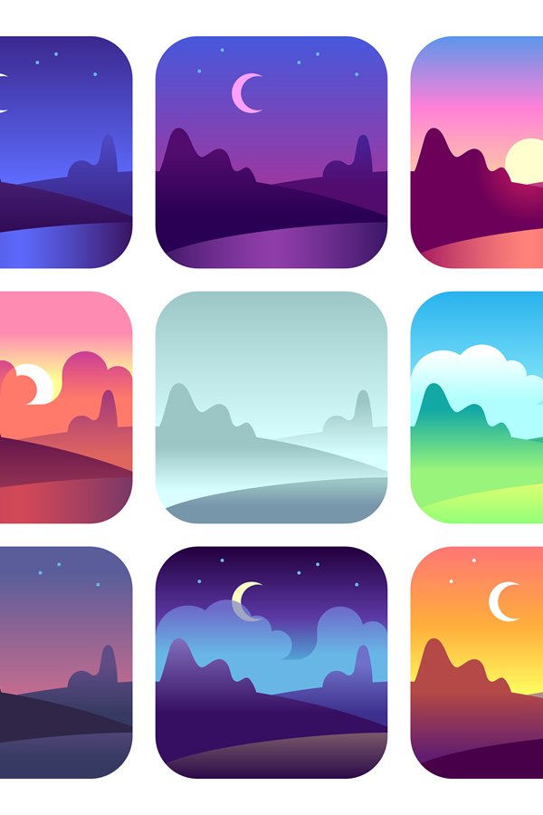 Different day times. Early morning sunrise and sunset, noon