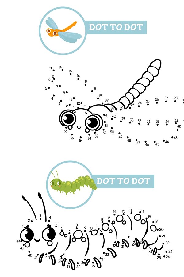 Connect dots cartoon insects game. Cute insect dot to dot ed