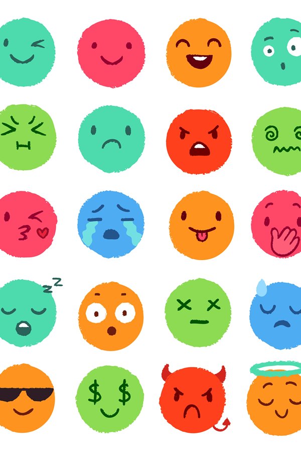 Hand drawn color emoji. Colorful doodle faces, happy emotico