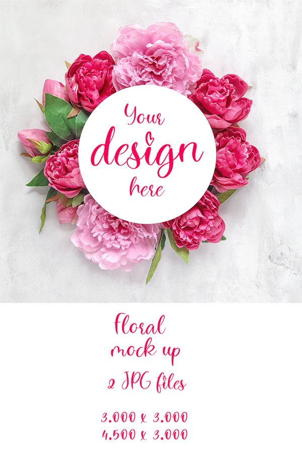 Mock up Pink peony flowers bouquet Floral flat lay