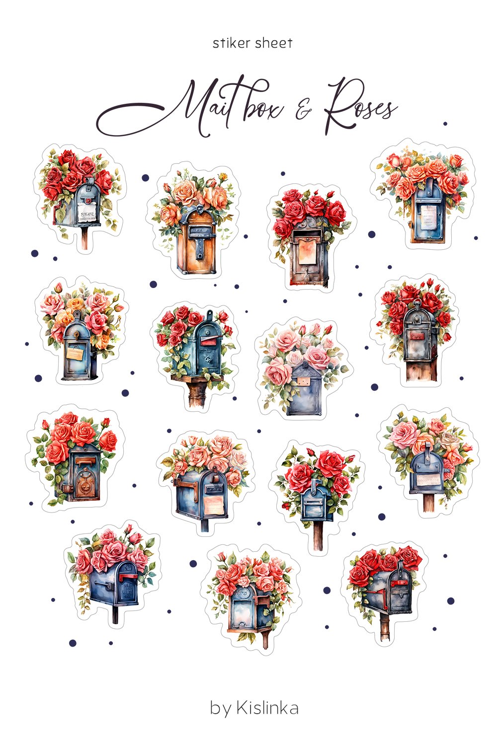 Mail box Roses Watercolor Flowers |15 png stickers