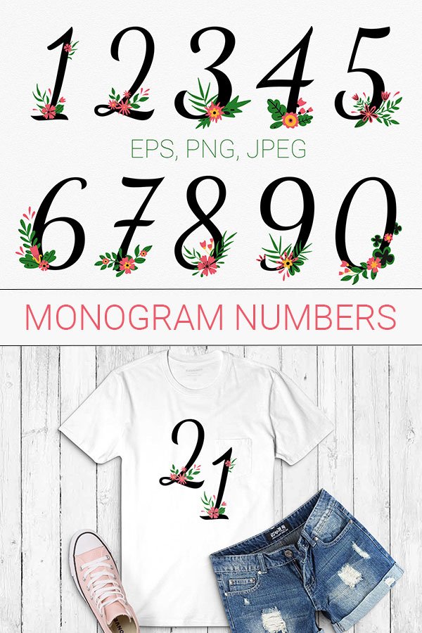 Monogram numbers, floral numbers clipart