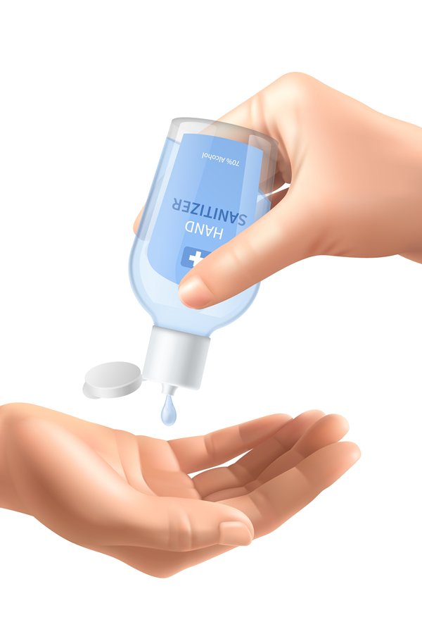 Realistic hands disinfection. Alcohol sanitizing gel in clea