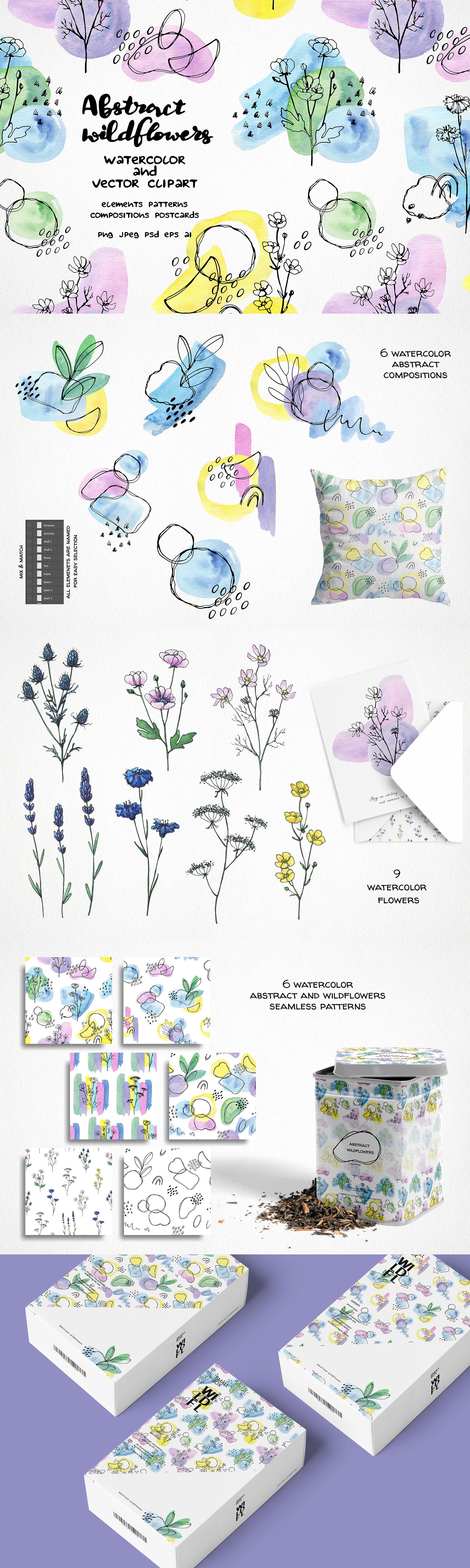 Abstract wildflowers clipart - watercolor & vector line art
