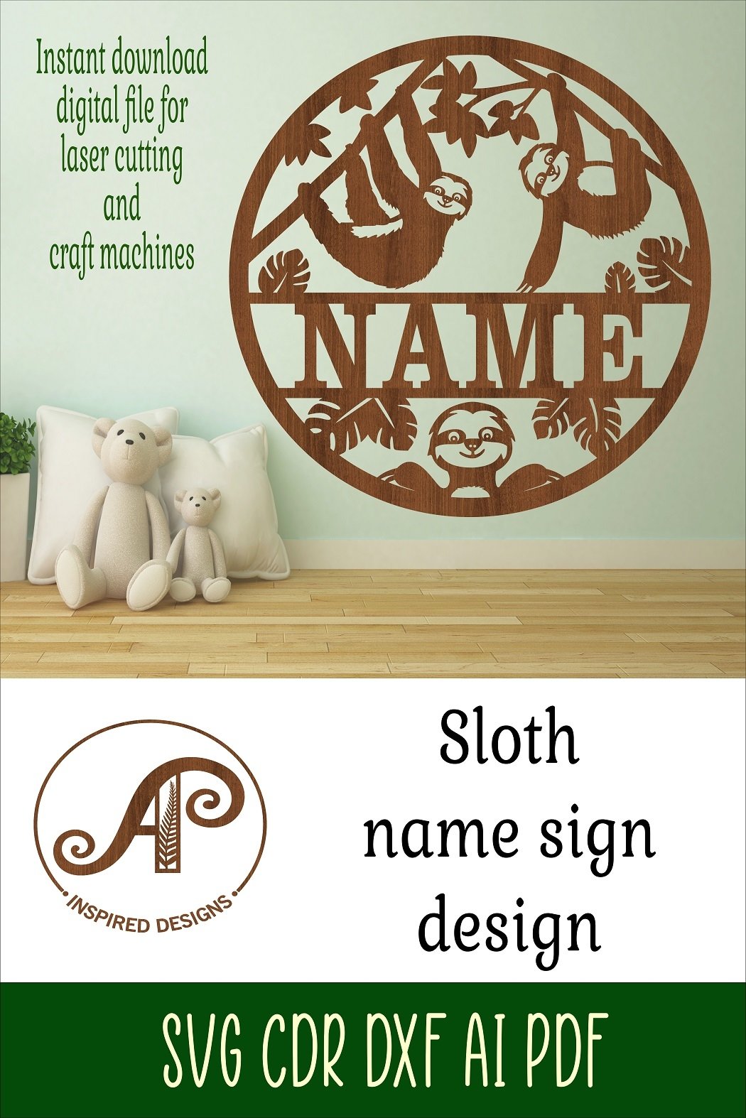 Sloth name sign svg laser cut template (2544195)