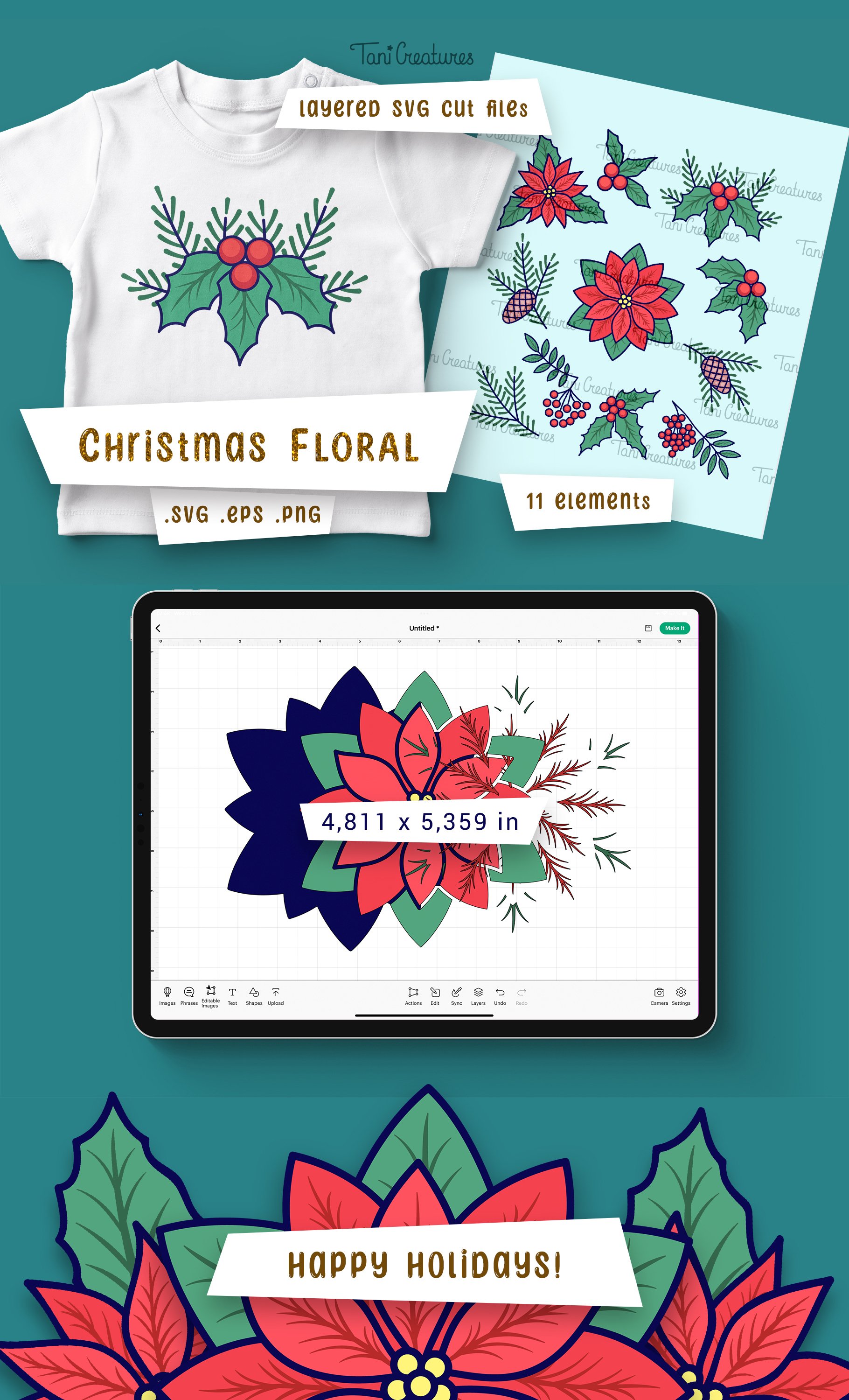 Christmas Floral Design - layered SVG cut files for Cricut