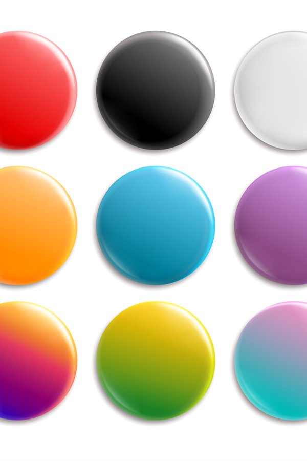 Colorful pin badges. Badge icon button with pin. Glossy whit