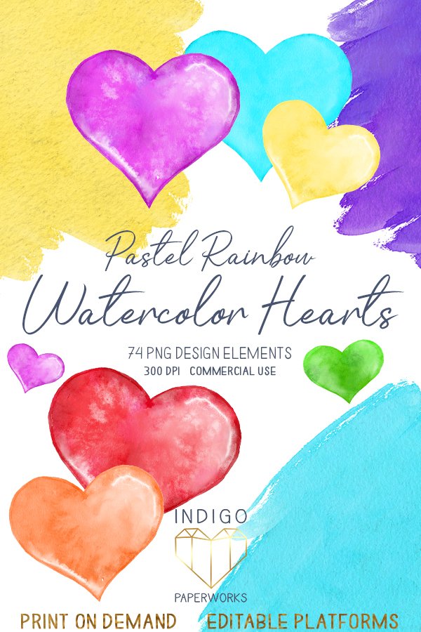 Rainbow Hearts Clipart- 98 hand painted PNG element