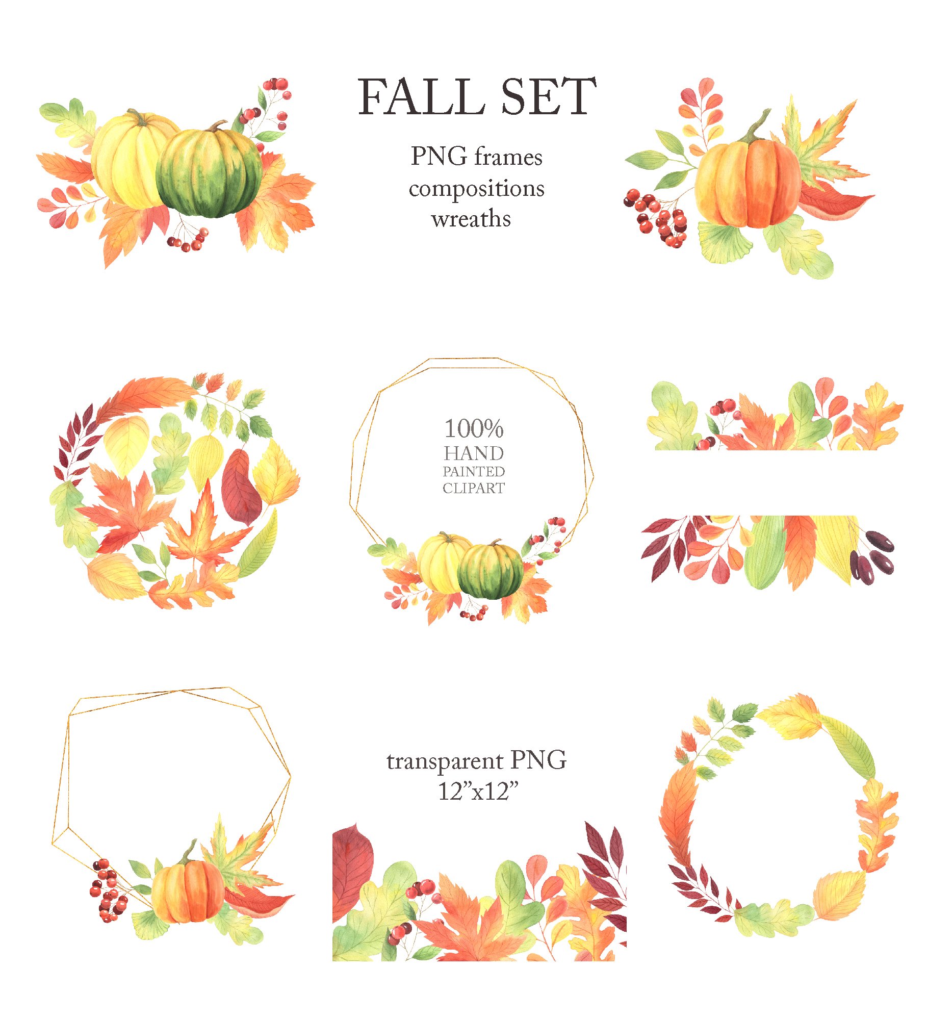 Watercolor Fall Frames, Wreaths Clipart