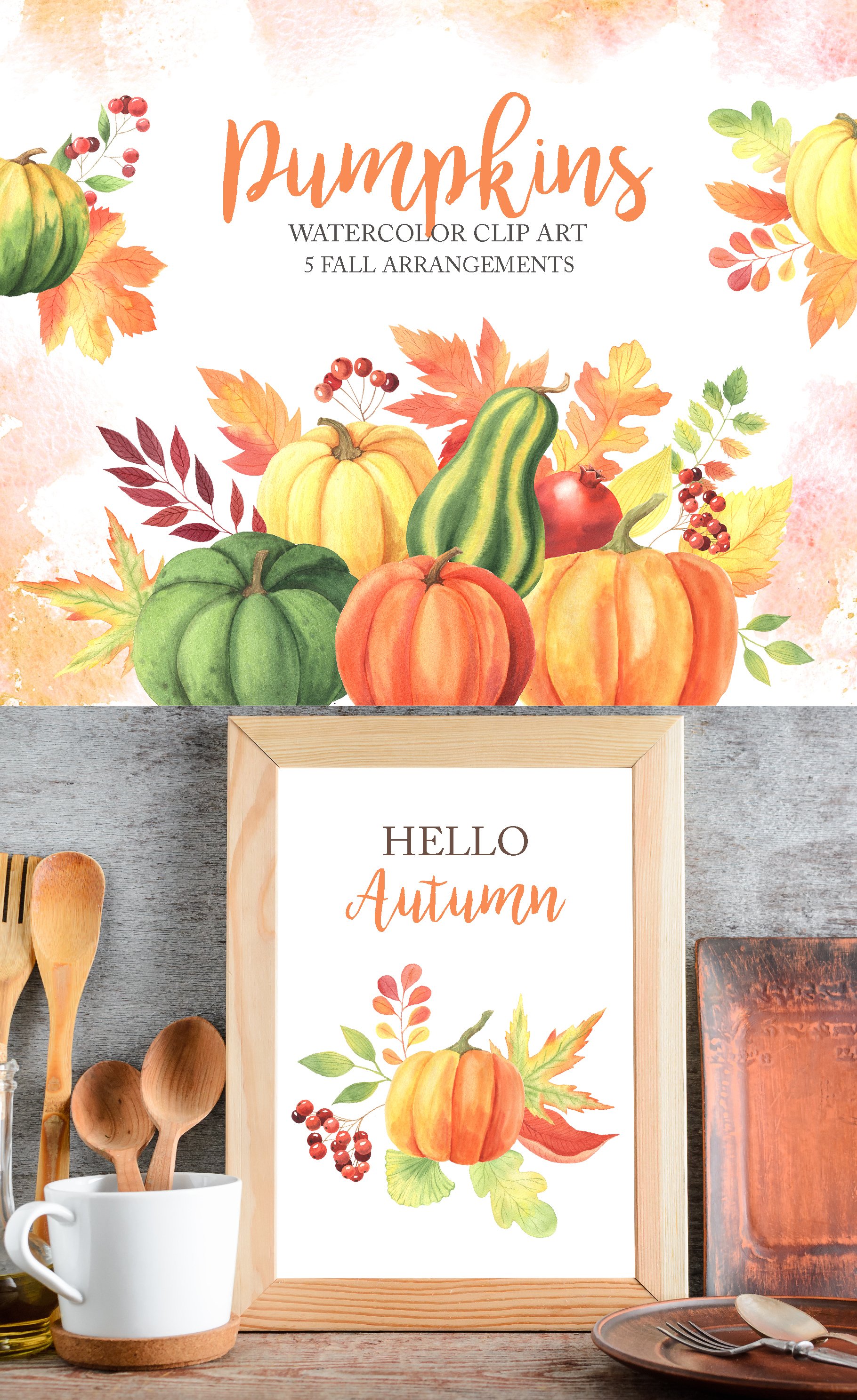 Watercolor Fall Pumpkin Arrangements Set