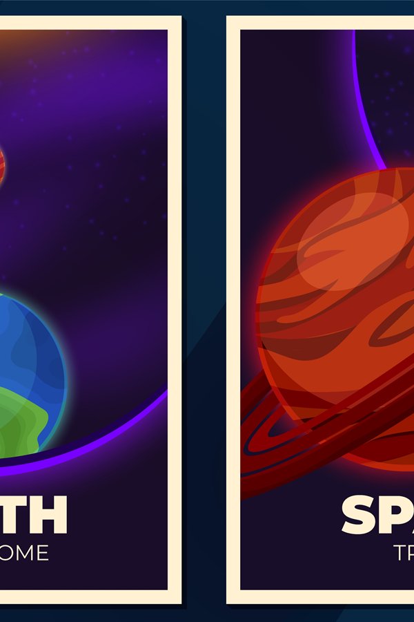 Planets banners. Space poster, magazine cover with galaxy or