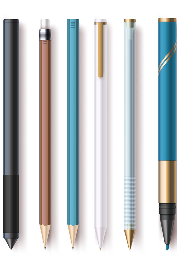 Realistic office writing supplies, pencils, pens and markers