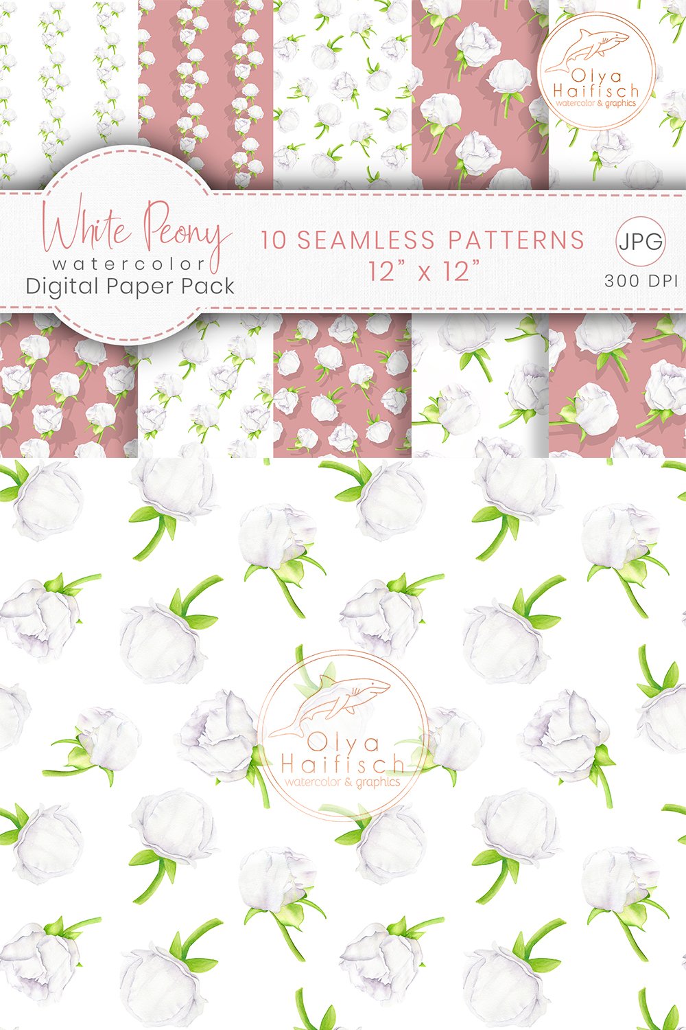White Peony Flowers Digital Paper Pack. Watercolor Patterns