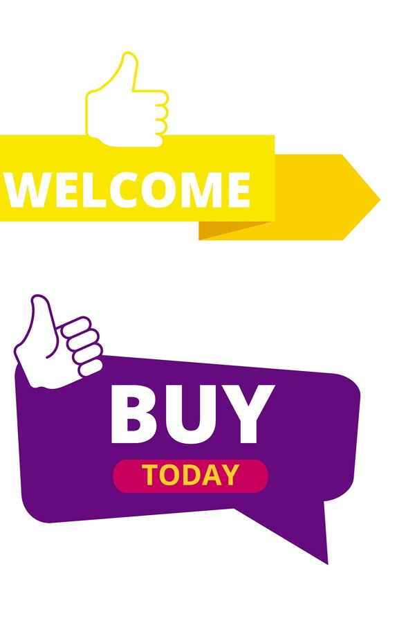Sale banners. Welcome, discount stickers with like hand sign