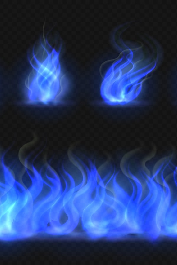 Realistic blue fire flames set. Transparent torch effect, ab