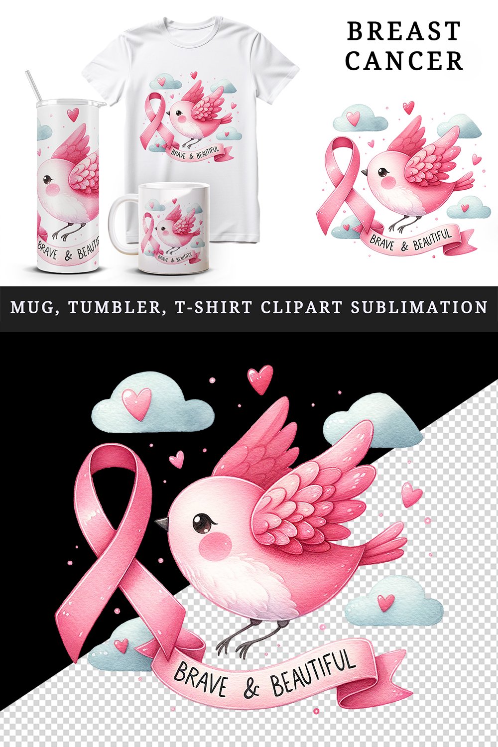 Breast cancer bird tumbler mug wrap, clipart sublimation png