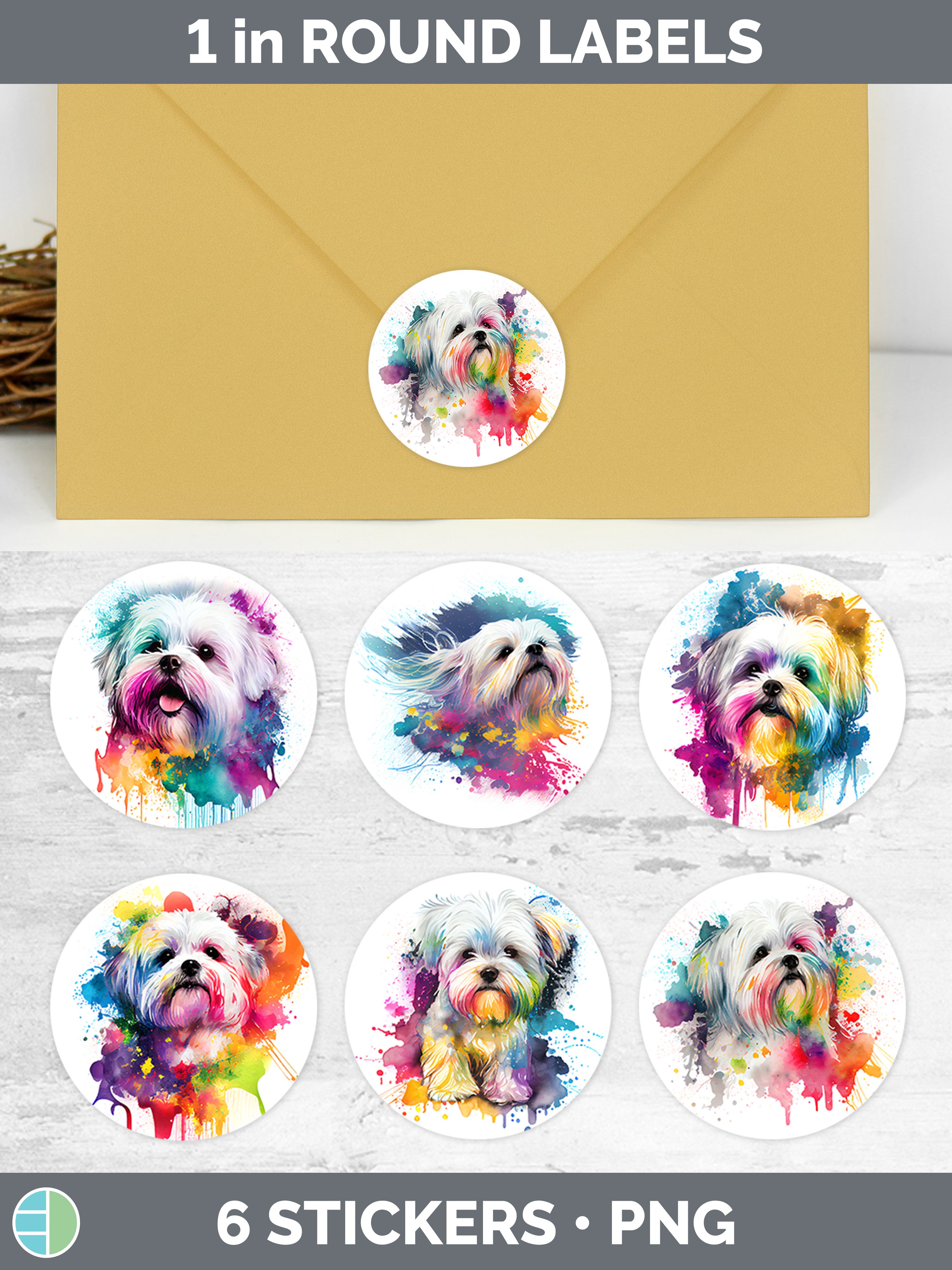 Rainbow Maltese Dog Stickers | Round Labels Designs Bundle