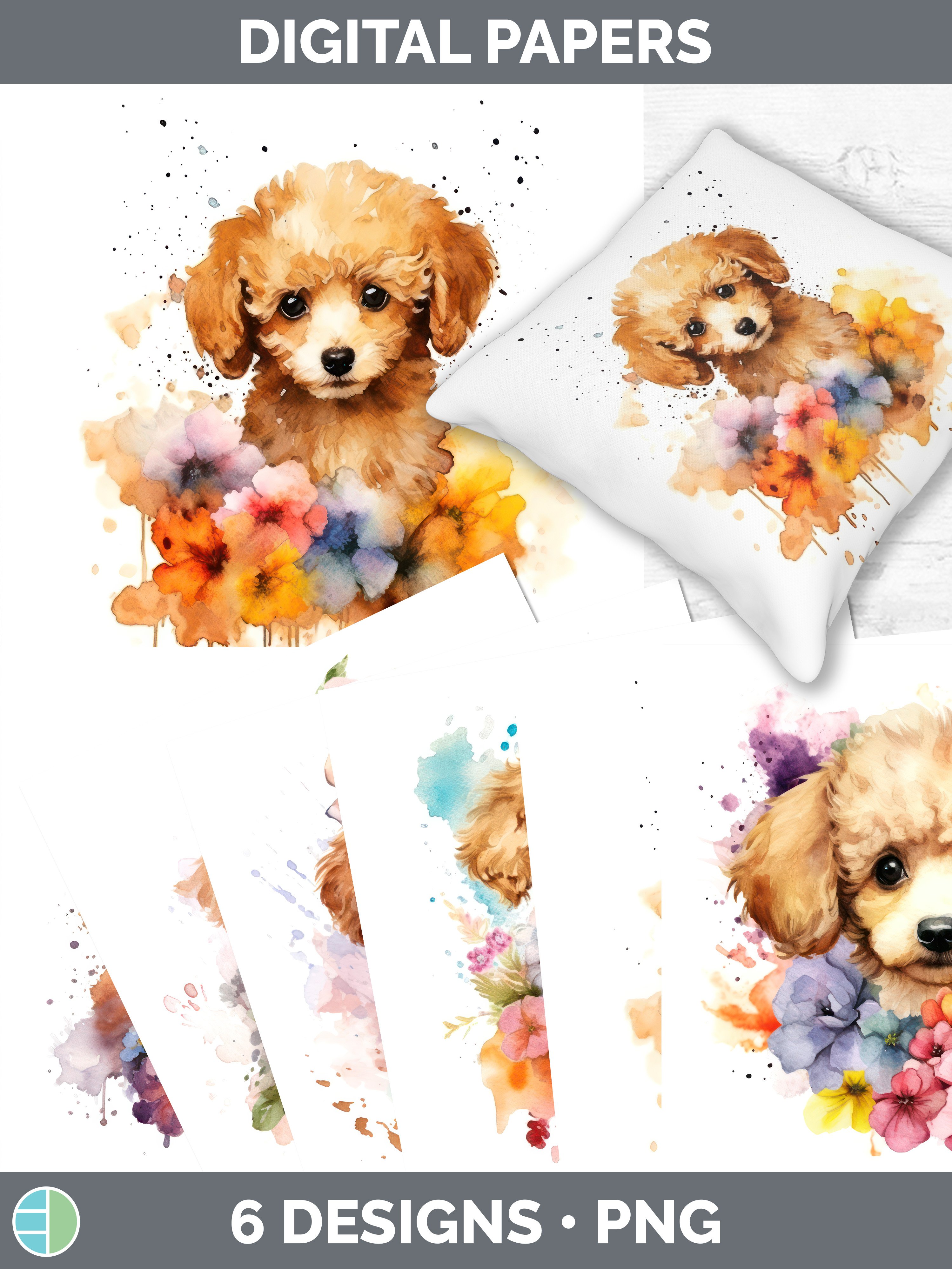 Watercolor Poodle Dog Paper Backgrounds | Digital Scrapbook
