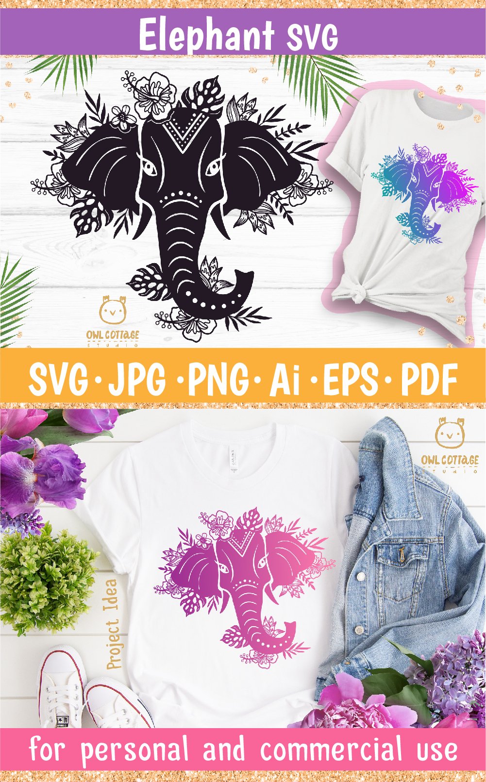 Floral Elephant svg, Elephant Flowers svg, Tropical SVG