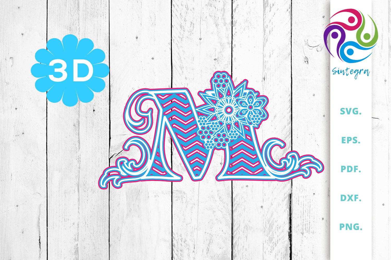 3D Multilayer Floral Chevron Letter M , SVG Cut File
