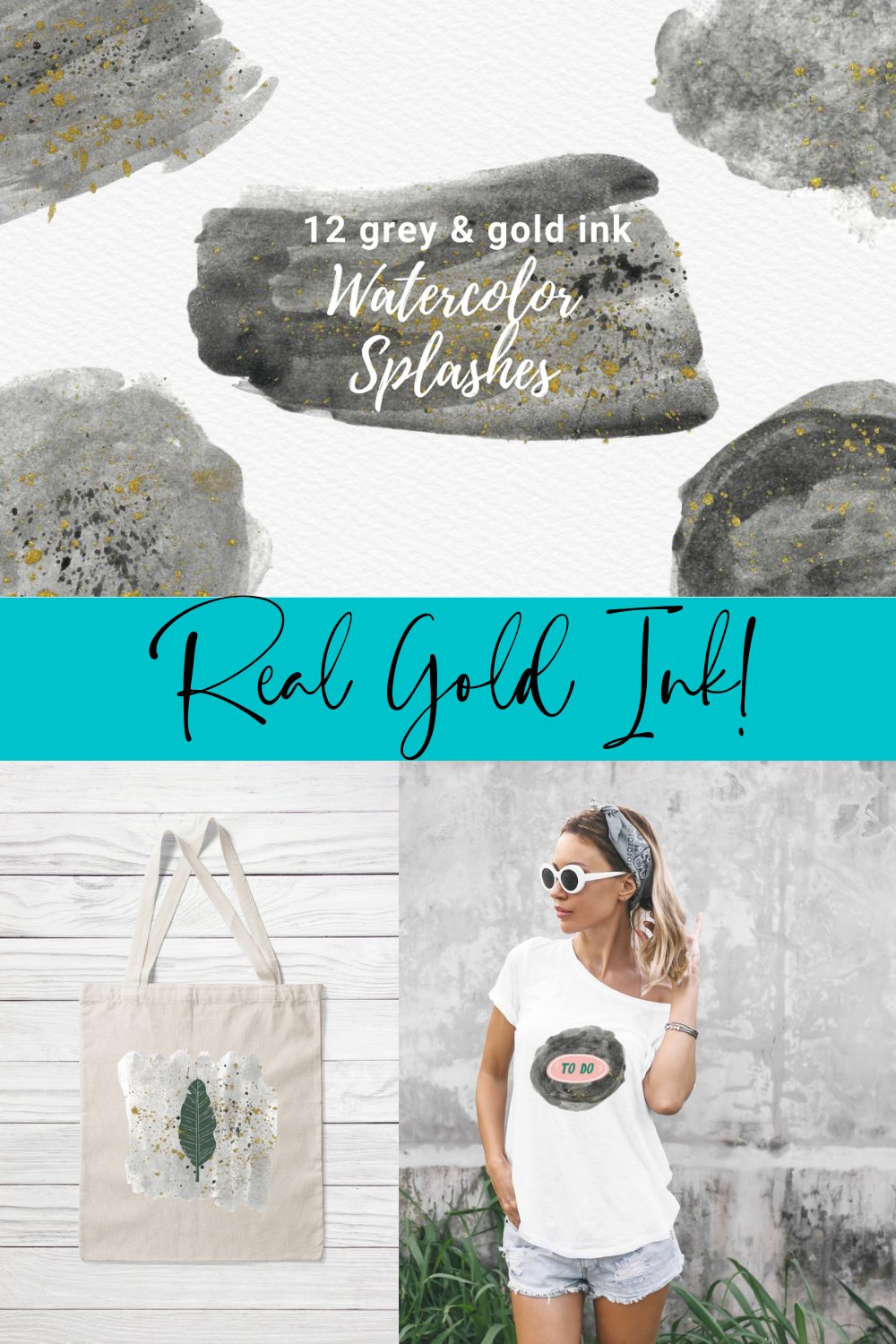 Gray Watercolor Splashes with Gold Ink Clipart