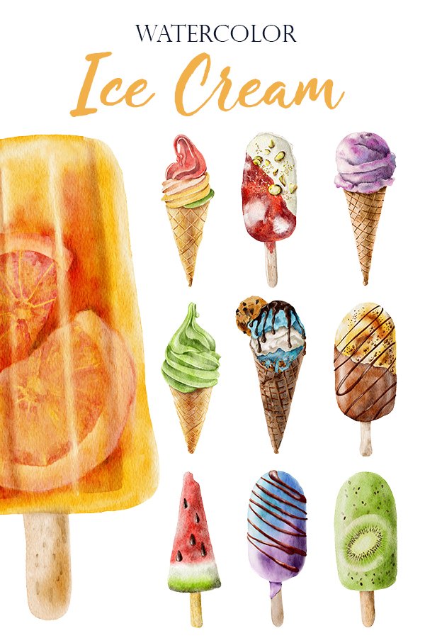 Watercolor Ice Cream clipart. PNG