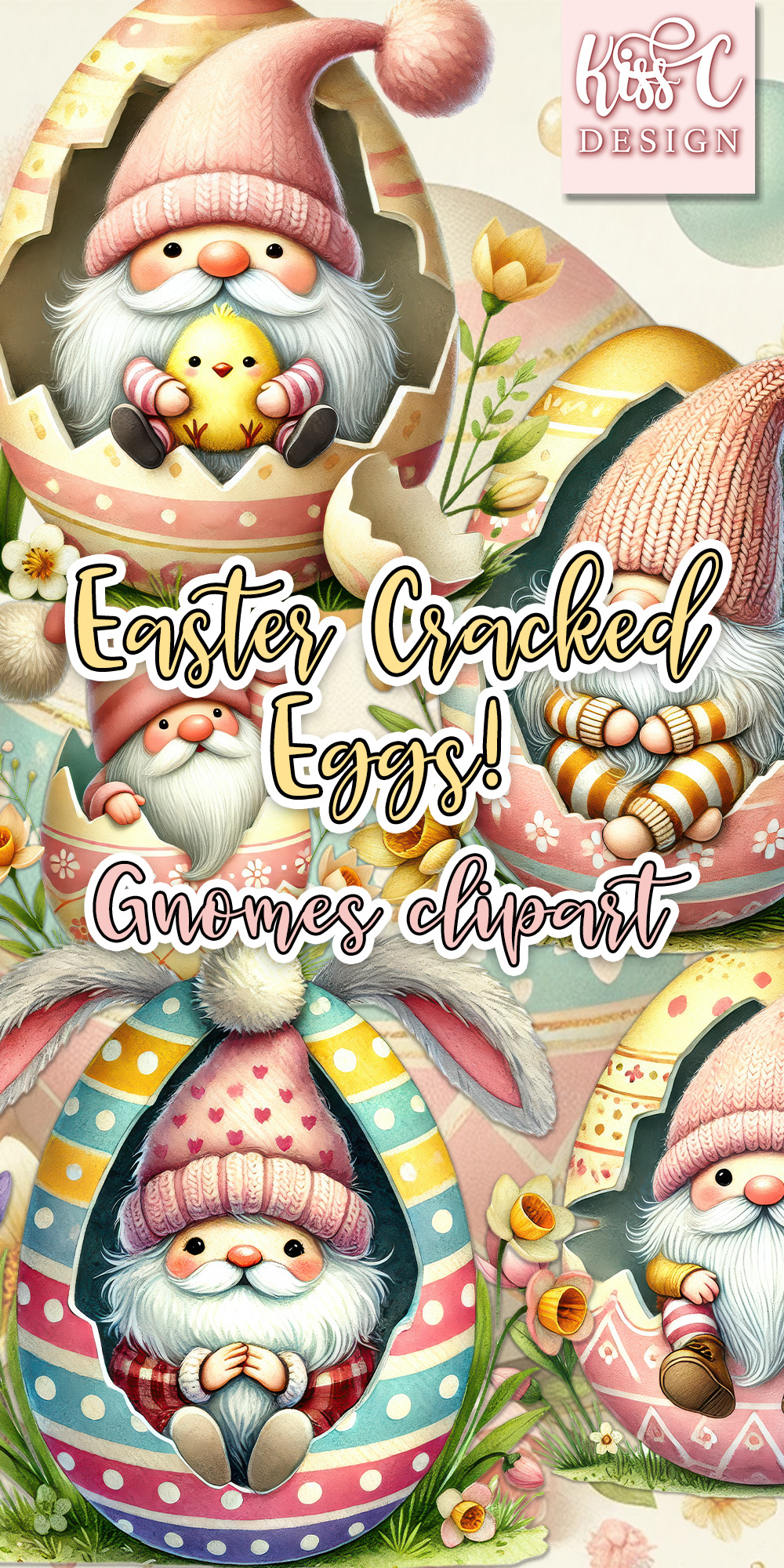 Springtime Easter Cracked Eggs Gnomes Watercolor Clipart