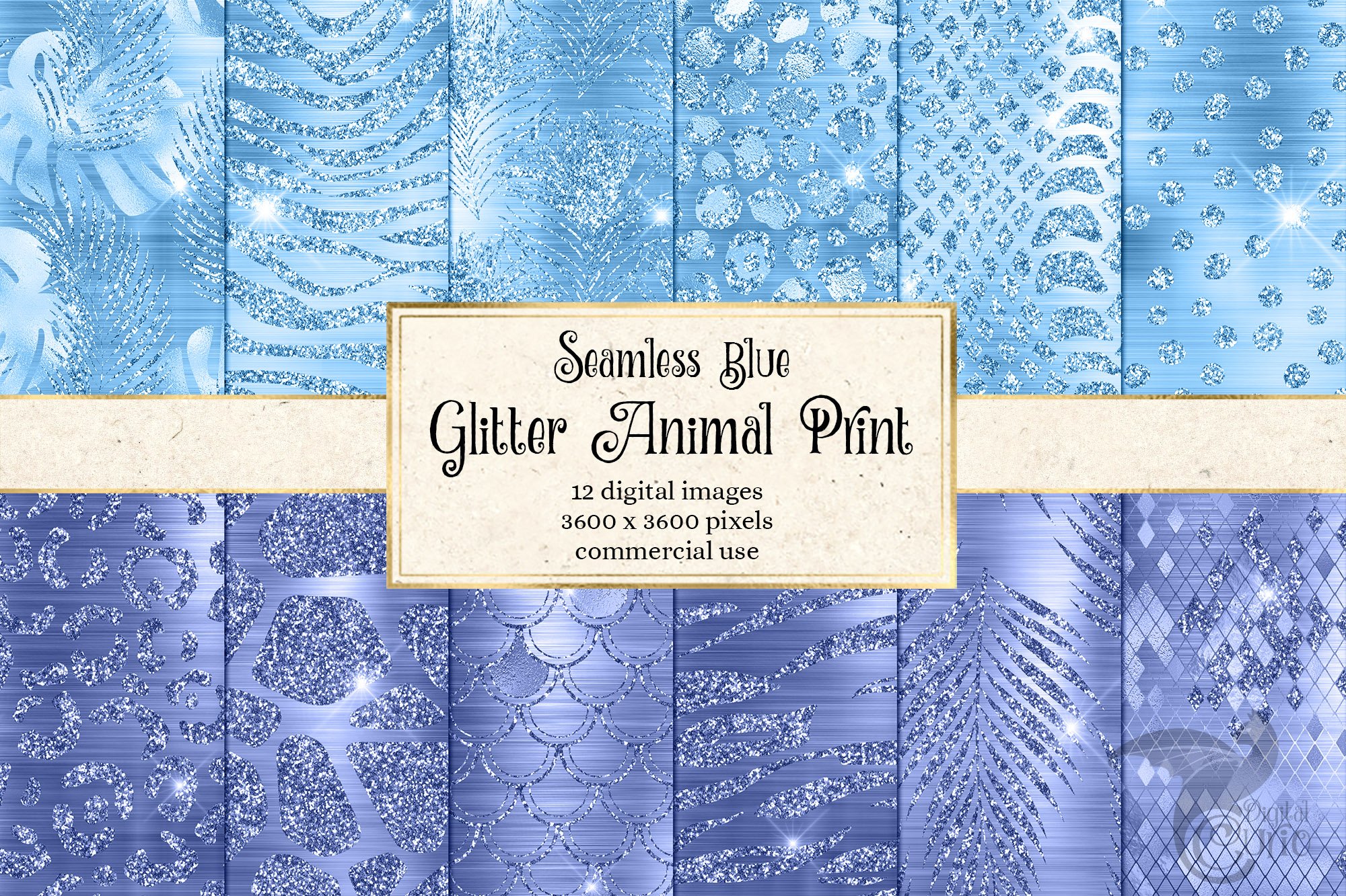 Blue Glitter Animal Print Digital Paper