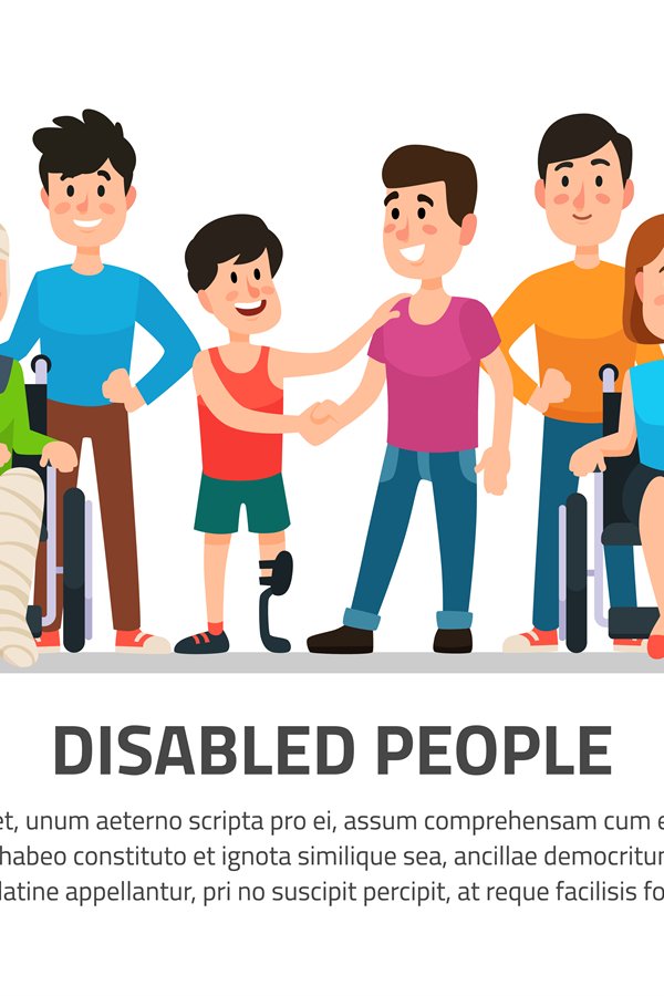 Help disabled person. Happy disability people, young student