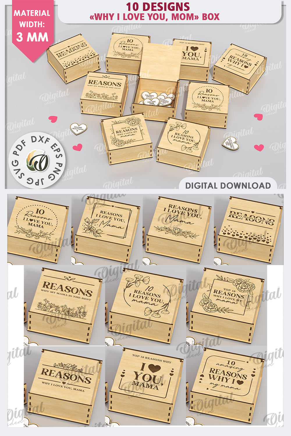 "WHY I LOVE YOU MOM" Boxes LaserCut Bundle. Mother's Day SVG