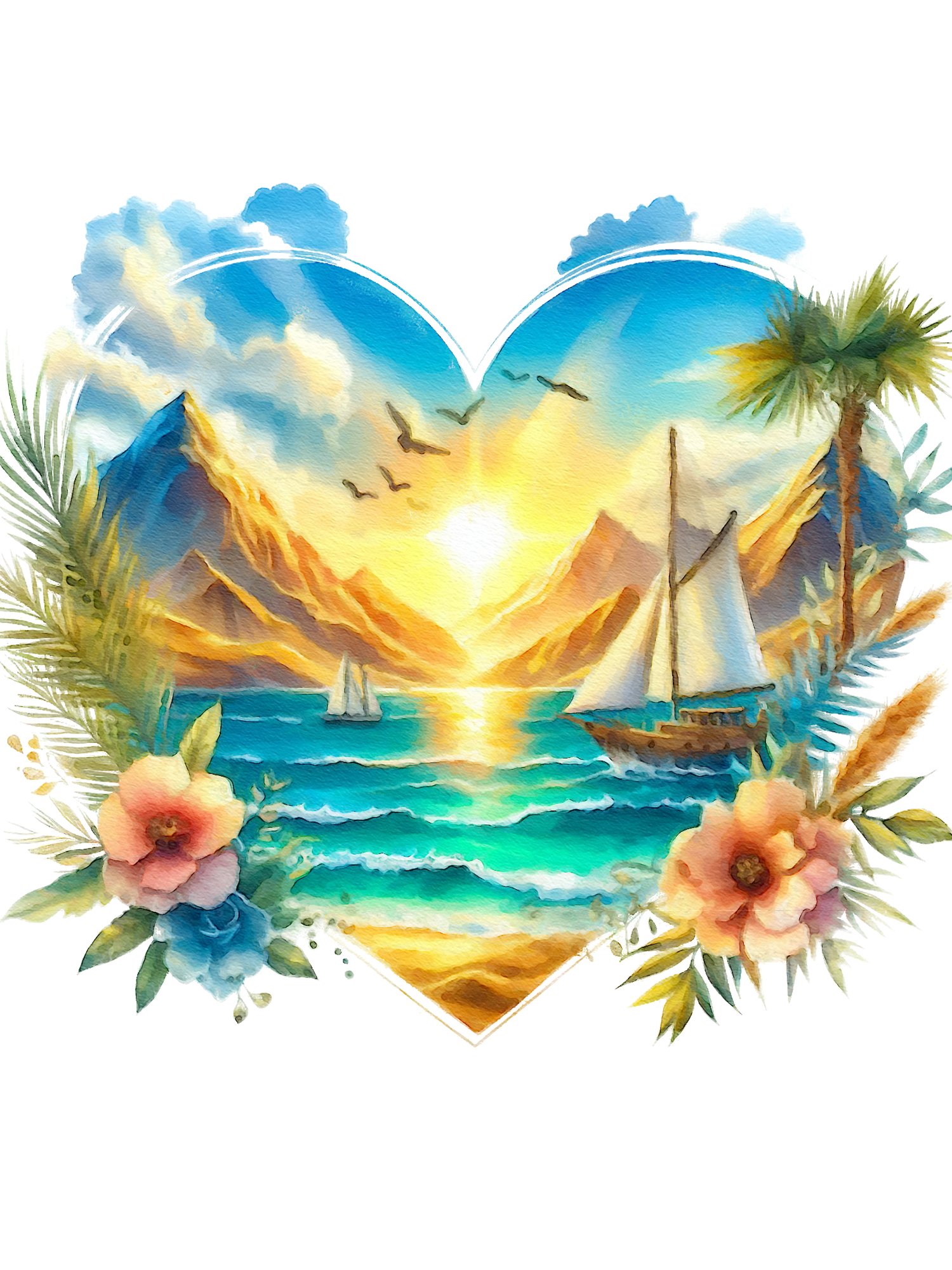 Summer beach watercolor with palm trees and tropical flowers