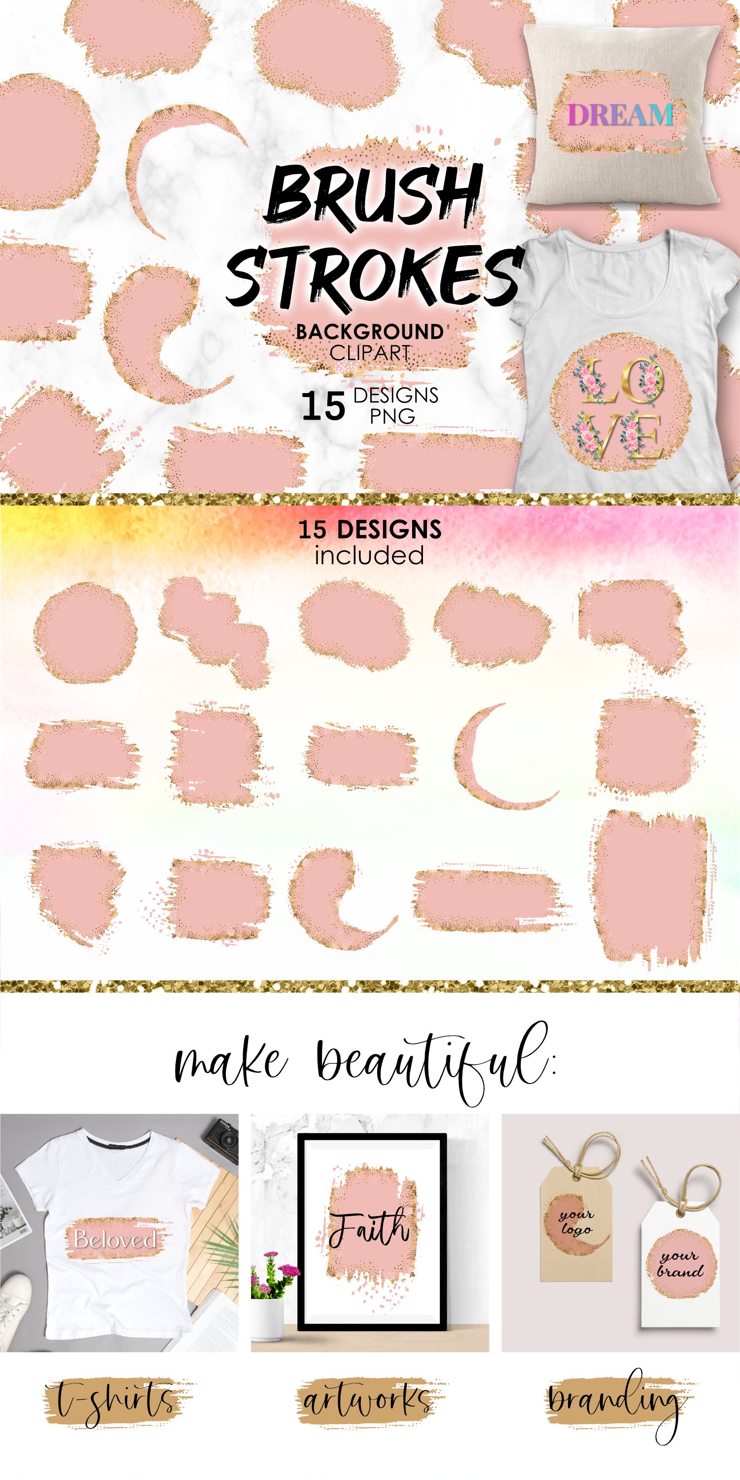 Pink Gold Brush Stroke Png Sublimation Background Bundle