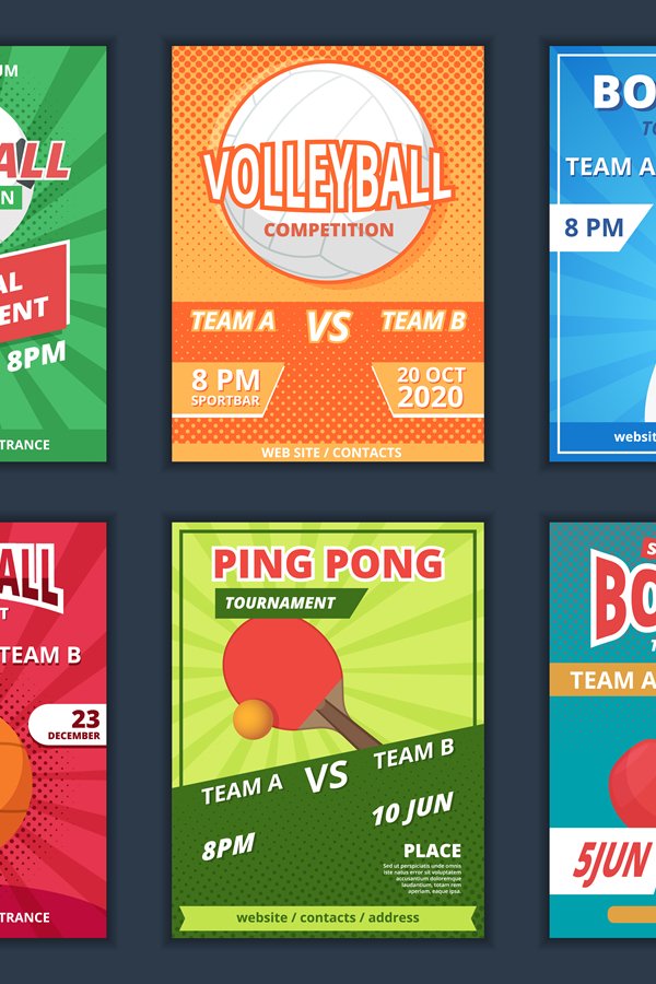 Sport posters. Promo placard with fitness equipment balls ra
