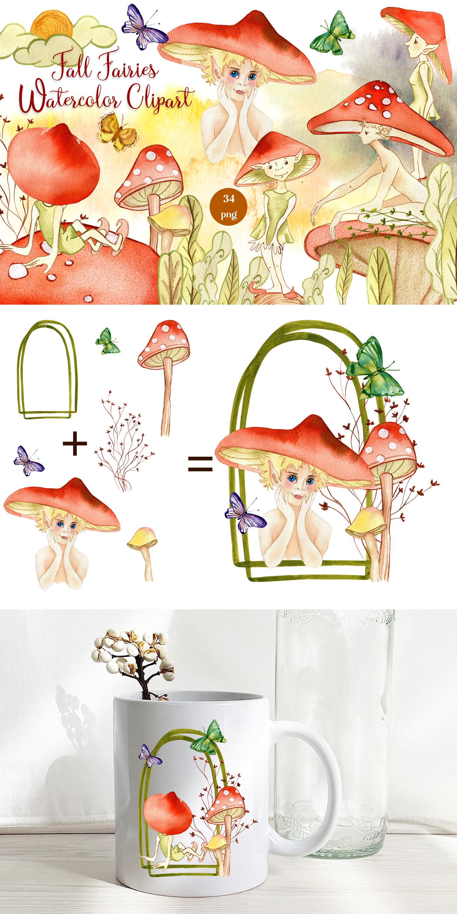 Watercolor Fairies mushroom clipart. Cute (2059144)