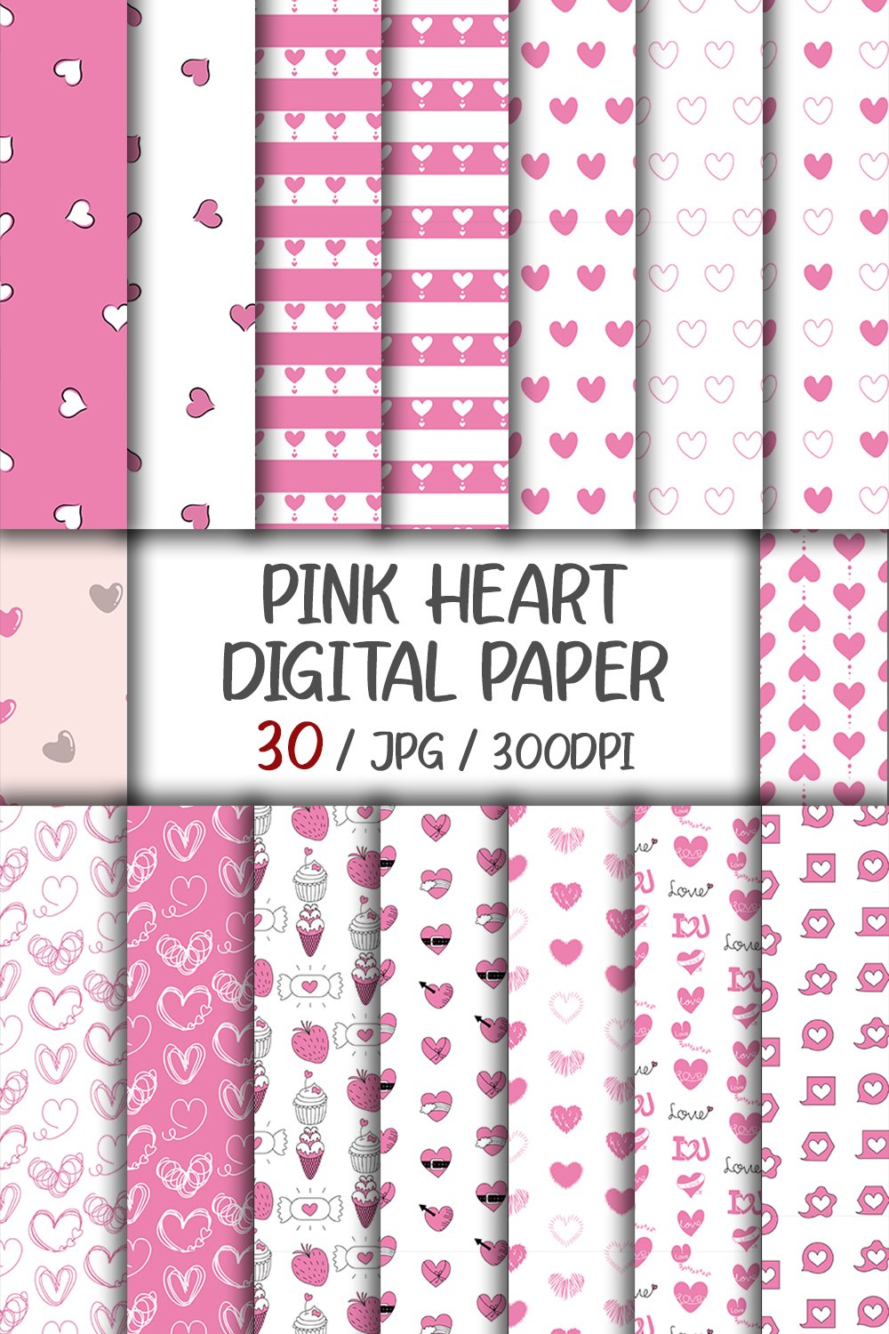 Pink Heart Digital Papers | Hand Drawn Design