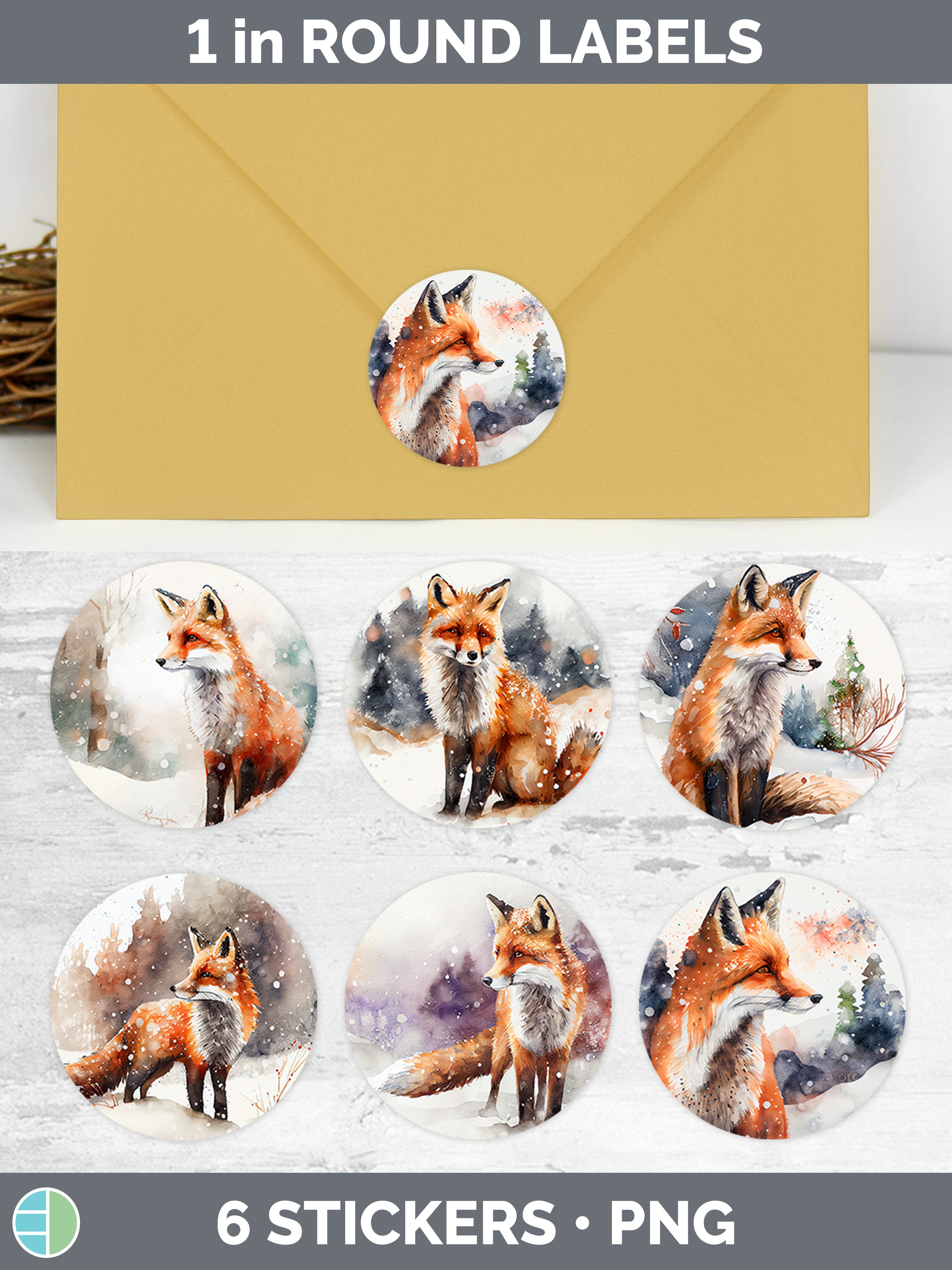 Winter Fox Stickers | Sticker 1in Round Labels PNG Designs