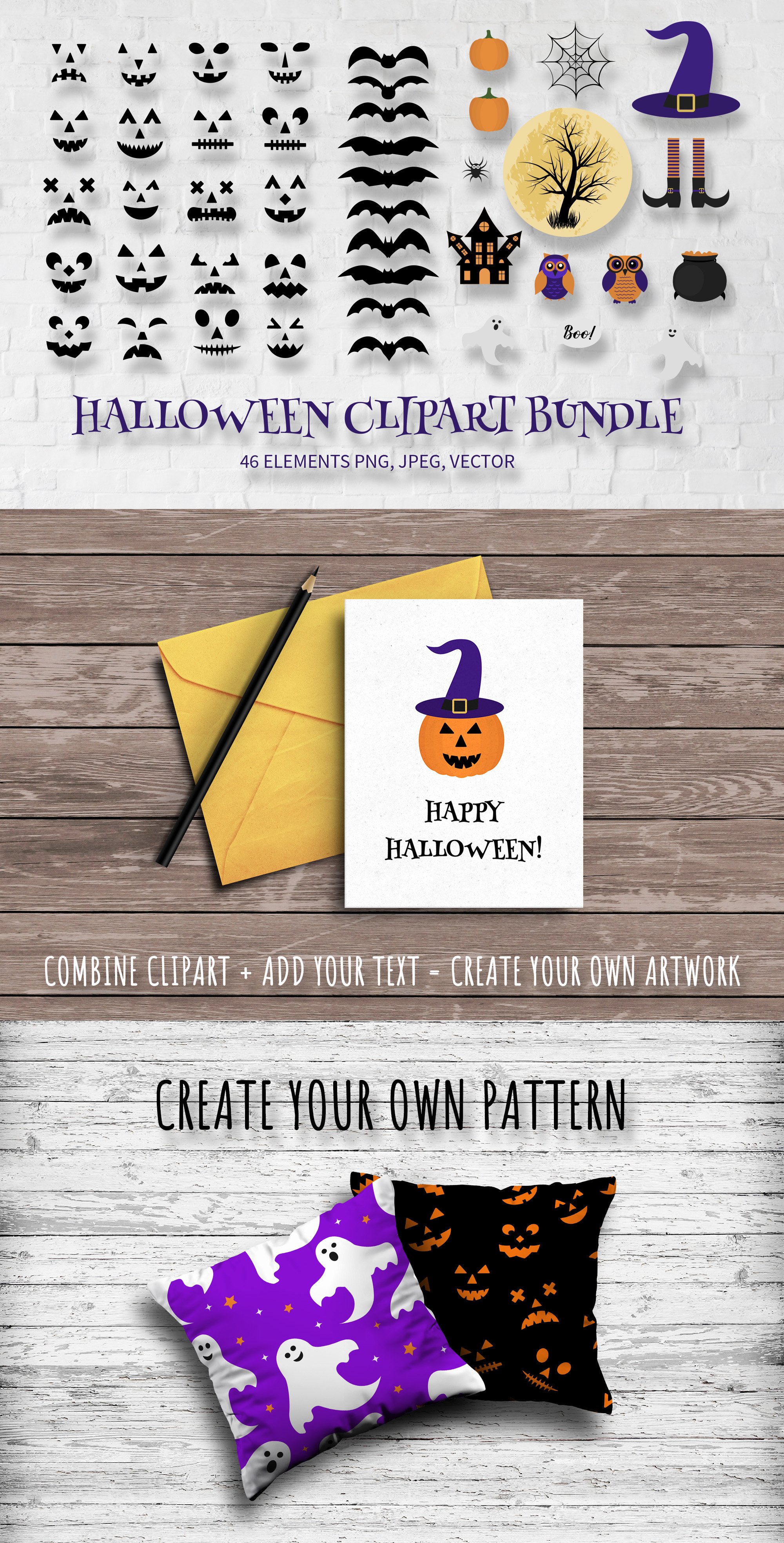 Halloween Clipart Bundle. Cute Cartoon Halloween PNG, JPEG