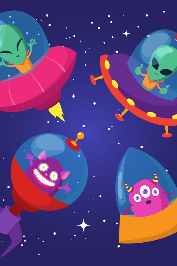Cartoon funny aliens with ufo in duck starry sky vector set