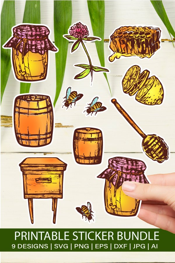 Bees and honey sticker printable bundle - 10 PNG (1478694)